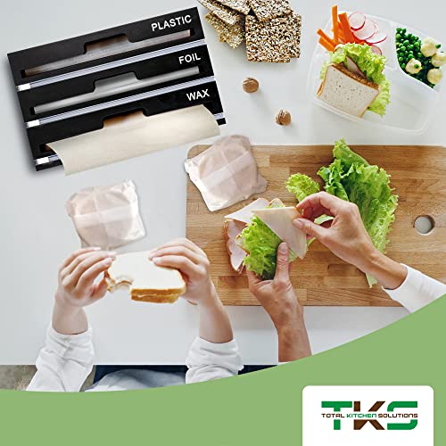 3 in 1 Wrap Dispenser with Cutter -TKS Plastic Wrap, Aluminum Foil, Parchment Wax Paper Organization Storage, Black Bamboo Roll Organizer Holder for Kitchen Drawer