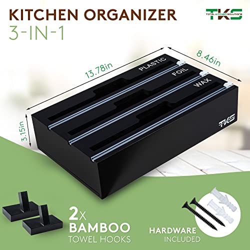 3 in 1 Wrap Dispenser with Cutter -TKS Plastic Wrap, Aluminum Foil, Parchment Wax Paper Organization Storage, Black Bamboo Roll Organizer Holder for Kitchen Drawer