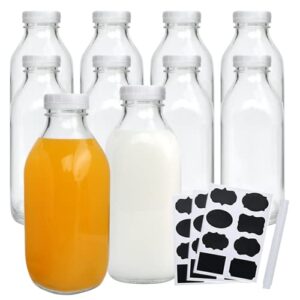 datttcc glass milk bottles,33 oz milk containers for refrigerator with plastic lids,glass water bottles for milk, yogurt, smoothies, kombucha, water (10 pack)