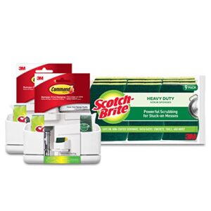 scotch-brite heavy duty scrub sponges (9 pack) + command under sink sponge caddy, 2 caddies with 8 command strips, organize damage-free