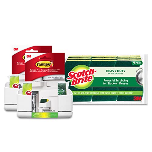 Scotch-Brite Heavy Duty Scrub Sponges (9 Pack) + Command Under Sink Sponge Caddy, 2 Caddies with 8 Command Strips, Organize Damage-Free