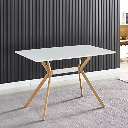 White Dining Table, Simple Modern Kitchen Table with Metal Shelf&Transfer Legs, Office Table, White