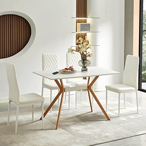 White Dining Table, Simple Modern Kitchen Table with Metal Shelf&Transfer Legs, Office Table, White