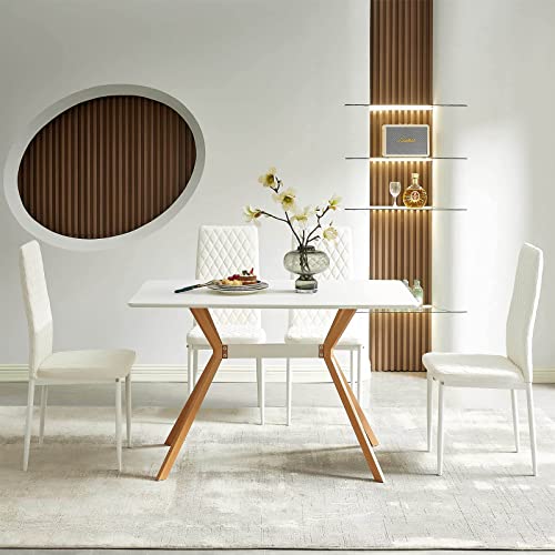 White Dining Table, Simple Modern Kitchen Table with Metal Shelf&Transfer Legs, Office Table, White