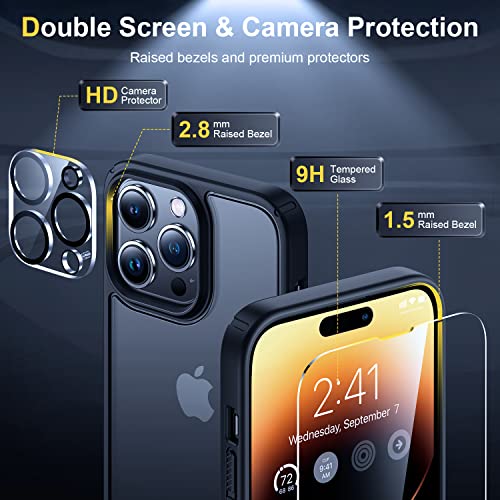 Humixx [5 in 1 Shockproof for iPhone 14 Pro Max Case, [2X Screen Protector + 2X Lens Protector] [Military Drop Protection] Silicon Slim Thin Translucent Matte iPhone 14 Pro Max Phone Case 6.7'' Black