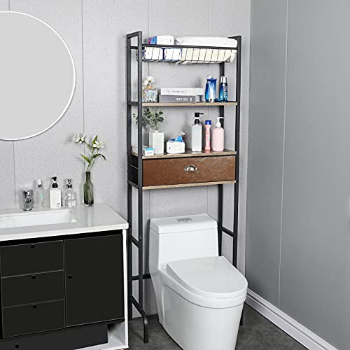 Yuzehuaza Over The Toilet Storage Rack with Basket and Drawer for Bathroom Organizer Vertical Space Saver 3-Tier Bathroom Organizer Shelf,Rustic Brown