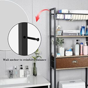 Yuzehuaza Over The Toilet Storage Rack with Basket and Drawer for Bathroom Organizer Vertical Space Saver 3-Tier Bathroom Organizer Shelf,Rustic Brown