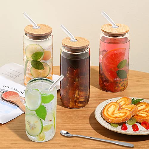 Tisovixo Can Glass Drinking Glasses with Bamboo Lid and Glass Straw 4pcs Set, 16oz Drinking Glass Can Shaped Cups,Beer Can Glasses,Tumbler Cup for Ice Coffee, Cocktail, Whiskey, Iced Tea,Wine