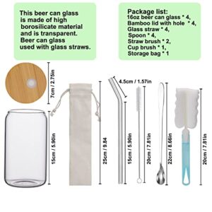 Tisovixo Can Glass Drinking Glasses with Bamboo Lid and Glass Straw 4pcs Set, 16oz Drinking Glass Can Shaped Cups,Beer Can Glasses,Tumbler Cup for Ice Coffee, Cocktail, Whiskey, Iced Tea,Wine