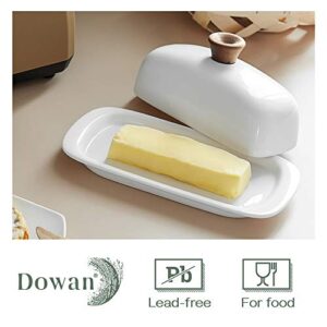 DOWAN Butter Dish with Lid, Ceramic Butter Keeper, 8 Inch Farmhouse Butter Holder with Handle Cover, Butter Container Perfect for East West Coast Butter, White