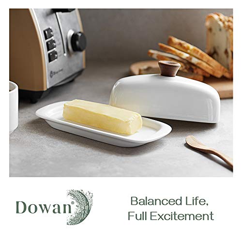 DOWAN Butter Dish with Lid, Ceramic Butter Keeper, 8 Inch Farmhouse Butter Holder with Handle Cover, Butter Container Perfect for East West Coast Butter, White