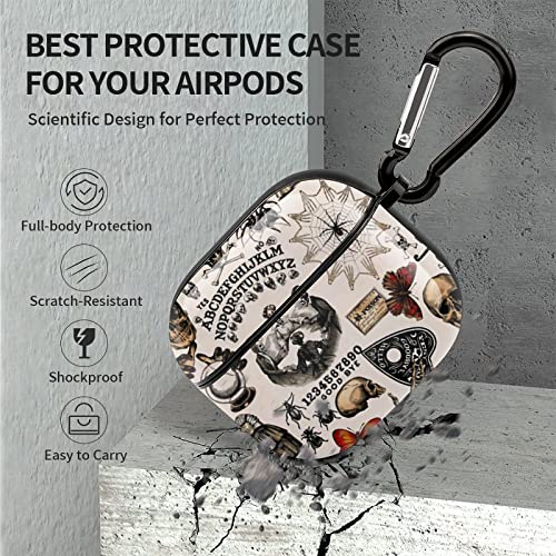 Smooth Plastic Headphone Protective Case Cover Compatible with AirPods 3 Charging Case, Front LED Visible, Shockproof Headphone Case Cover with Keychain, Vintage Skull Skeleton Spider Web Witch Board