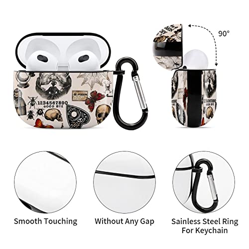 Smooth Plastic Headphone Protective Case Cover Compatible with AirPods 3 Charging Case, Front LED Visible, Shockproof Headphone Case Cover with Keychain, Vintage Skull Skeleton Spider Web Witch Board