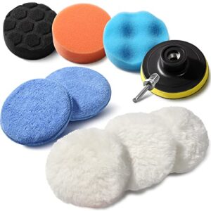 BOKA 3 Inch Wool Buffing Polishing Pad Kit, 10 PCS Drill Buffer Attachment, Buffing Wheel for Drill with M14 Drill Adapter, 3 × Wool Buffing pad 3", 1 × Foam Polisher pad, 2 × Wax applicator 5"