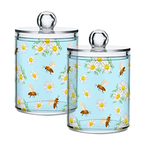 MNSRUU 2 Pack Qtip Holder Organizer Dispenser Daisies and Honey Bees Bathroom Storage Canister Cotton Ball Holder Bathroom Containers for Cotton Swabs/Pads/Floss