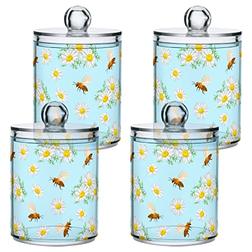 MNSRUU 2 Pack Qtip Holder Organizer Dispenser Daisies and Honey Bees Bathroom Storage Canister Cotton Ball Holder Bathroom Containers for Cotton Swabs/Pads/Floss