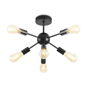 anwio sputnik chandeliers 6-light, semi flush mount vintage classic industrial ceiling light, modern hanging pendant lighting for kitchen island dining room hallway, black