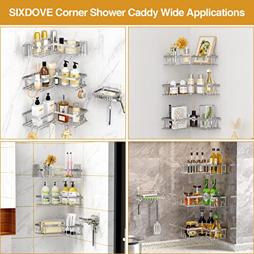 SIXDOVE 3-PACK Corner Shower Caddy- Corner Shower Shelf with 1 Soap Holder, Adhesive Shower Organizer with 18 Hooks, No Drilling Rustproof Stainless Steel Shower Rack Shelves for Bathroom & Kitchen