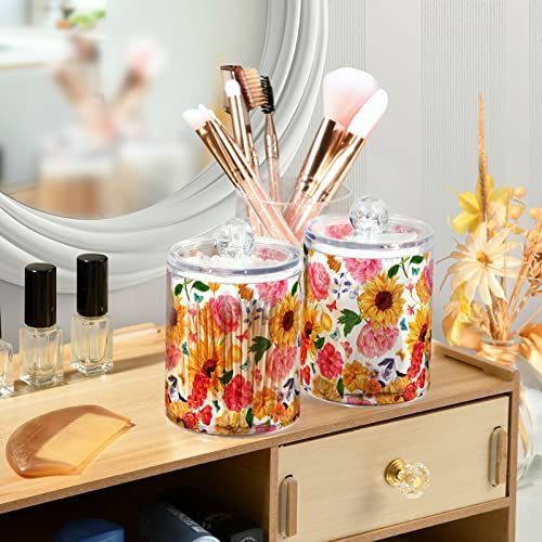 MNSRUU 2 Pack Qtip Holder Organizer Dispenser Sunflowers Bathroom Storage Canister Cotton Ball Holder Bathroom Containers for Cotton Swabs/Pads/Floss