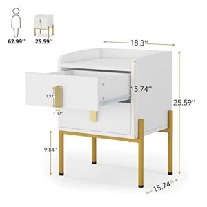 Tribesigns 2-Drawer Nightstands Set of 2, Modern White Gold Nightstand for Bedroom, Wooden Bed Side Table with Storage, Large Night Stand with Gold Metal Frame, Sofa Side Table for Living Room