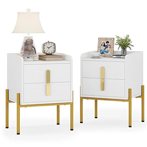 Tribesigns 2-Drawer Nightstands Set of 2, Modern White Gold Nightstand for Bedroom, Wooden Bed Side Table with Storage, Large Night Stand with Gold Metal Frame, Sofa Side Table for Living Room