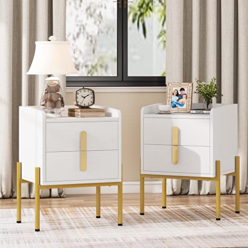 Tribesigns 2-Drawer Nightstands Set of 2, Modern White Gold Nightstand for Bedroom, Wooden Bed Side Table with Storage, Large Night Stand with Gold Metal Frame, Sofa Side Table for Living Room