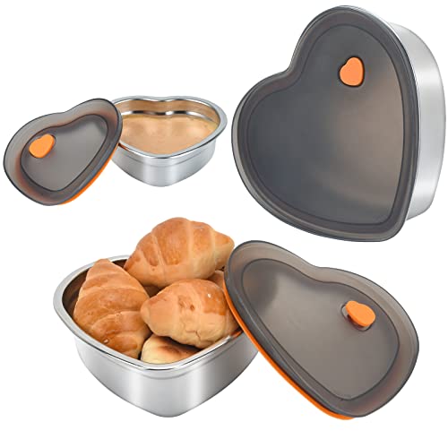 MOMULL Large Stainless Steel Food Containers With Lids, 3-Piece Set of Heart-Shaped Snack Containers, 304 Stainless Steel Lunch Container, Bento Box for Kids, Metal Leak-Proof Food Storage Containers