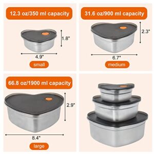 MOMULL Large Stainless Steel Food Containers With Lids, 3-Piece Set of Heart-Shaped Snack Containers, 304 Stainless Steel Lunch Container, Bento Box for Kids, Metal Leak-Proof Food Storage Containers