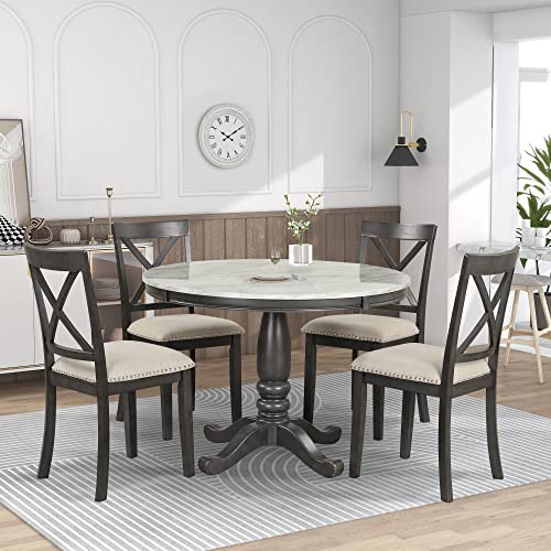 5 Piece Round Dining Table Set for 4, Marble Veneer Kitchen Table Set with Round Table and 4 Button Padded Chairs