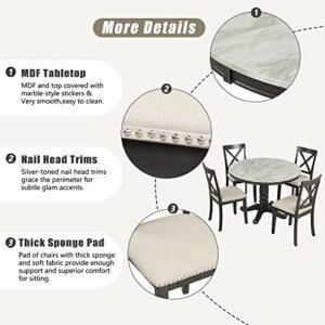 5 Piece Round Dining Table Set for 4, Marble Veneer Kitchen Table Set with Round Table and 4 Button Padded Chairs