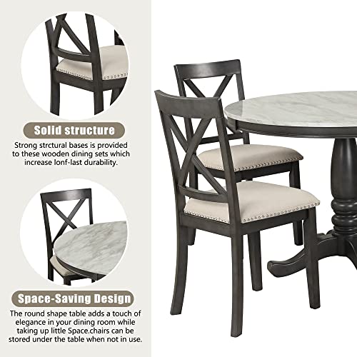 5 Piece Round Dining Table Set for 4, Marble Veneer Kitchen Table Set with Round Table and 4 Button Padded Chairs