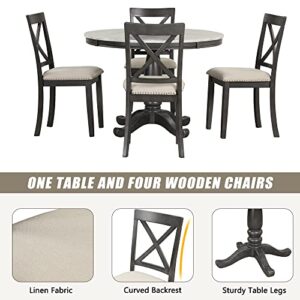 5 Piece Round Dining Table Set for 4, Marble Veneer Kitchen Table Set with Round Table and 4 Button Padded Chairs