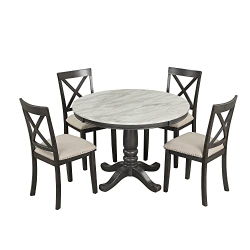 5 Piece Round Dining Table Set for 4, Marble Veneer Kitchen Table Set with Round Table and 4 Button Padded Chairs