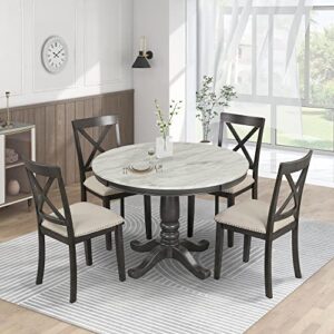 5 Piece Round Dining Table Set for 4, Marble Veneer Kitchen Table Set with Round Table and 4 Button Padded Chairs