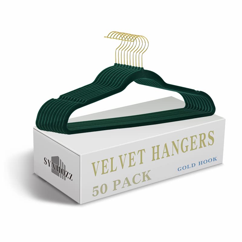 SYNHOZZ Velvet Hangers ，Green Non-Slip Suit Felt Hangers,Ultra Thin Space Saving 360 Degree Gold Hook Clothes Hangers Huggable Hangers Velvet for Suits,Coats,Jackets,Pants,Dress (50 Pack, Green