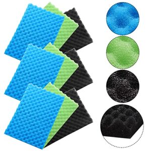 romooa 9 pcs fish pond foam aquarium filter sponge wave shape coarse foam for fish tank sump pond 17 x 11 inch x 1/2 to 1 inch, black, green, blue