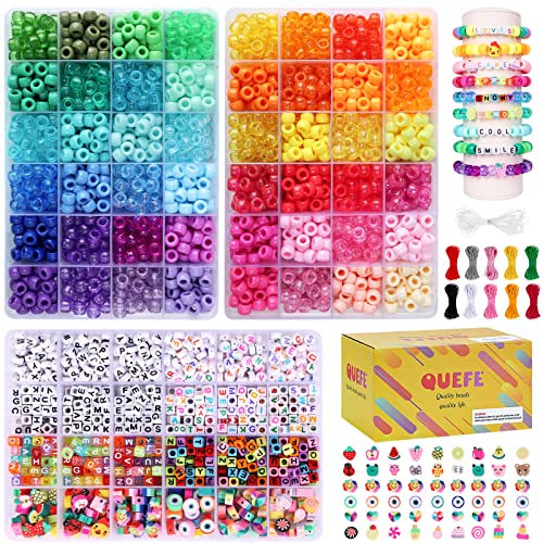 QUEFE 3540pcs Pony Beads 2400pcs Rainbow Kandi Beads Bulk, Crafts Gift, in 48 Colors and 1020 Letter Beads, Polymer Clay Beads for Bracelets Jewelry Making Kit, DIY Arts