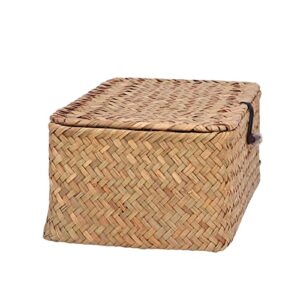 Seagrass Storage Basket, Rectangular Seagrass Basket, Natural Seagrass Storage Basket Woven Rectangular Shelf Basket Bins with Lids Desktop Organizer Wicker Baskets for Organizing(S)