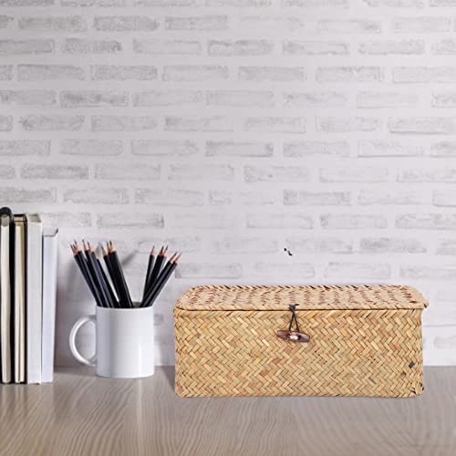 Seagrass Storage Basket, Rectangular Seagrass Basket, Natural Seagrass Storage Basket Woven Rectangular Shelf Basket Bins with Lids Desktop Organizer Wicker Baskets for Organizing(S)