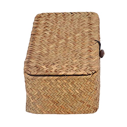 Seagrass Storage Basket, Rectangular Seagrass Basket, Natural Seagrass Storage Basket Woven Rectangular Shelf Basket Bins with Lids Desktop Organizer Wicker Baskets for Organizing(S)