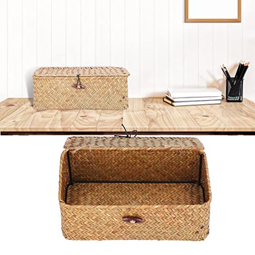 Seagrass Storage Basket, Rectangular Seagrass Basket, Natural Seagrass Storage Basket Woven Rectangular Shelf Basket Bins with Lids Desktop Organizer Wicker Baskets for Organizing(S)