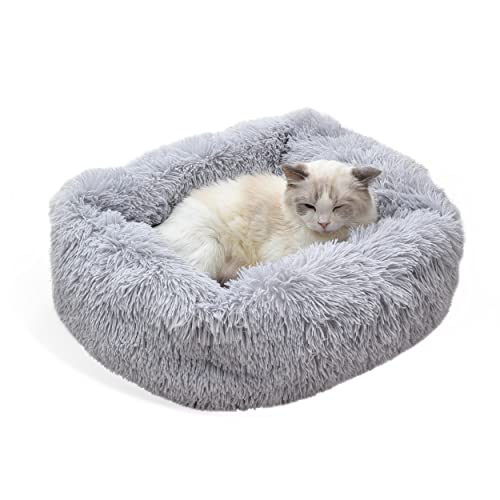 Gavenia Cat Bed for Indoor Cats,22 inch Soft Long Plush Cushion Washable Pet Bed Calming Self-Warming Square Cat and Dog Bed Anti-Slip & Waterproof Bottom Cushion (22 x 18 x 7 inch, Grey)