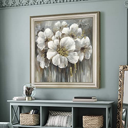 Flower Framed Abstract Wall Art: Bedroom White Lily Canvas Painting Modern Blossom Floral Artwork with Golden Foil Elegant Nature Picture Large Botanical Prints for Bathroom Office Living Room