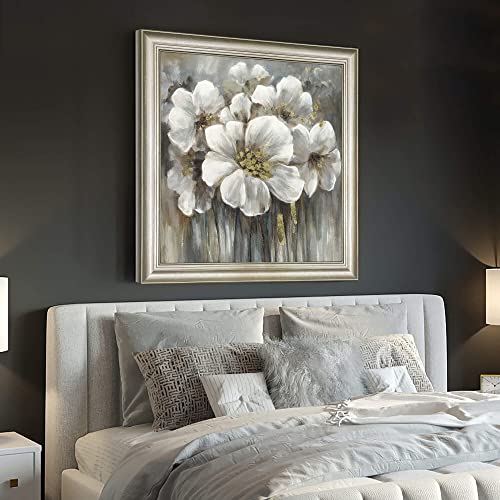 Flower Framed Abstract Wall Art: Bedroom White Lily Canvas Painting Modern Blossom Floral Artwork with Golden Foil Elegant Nature Picture Large Botanical Prints for Bathroom Office Living Room