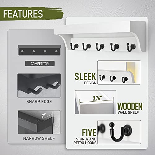 Rebee Vision Key and Mail Holder for Wall with Floating Shelf : Decorative Hanging Organizer with 5 Sturdy Keys Hooks and Wall Mount Key Rack - Farmhouse Entryway Décor (Modern White)