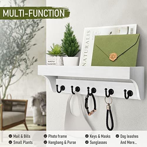 Rebee Vision Key and Mail Holder for Wall with Floating Shelf : Decorative Hanging Organizer with 5 Sturdy Keys Hooks and Wall Mount Key Rack - Farmhouse Entryway Décor (Modern White)