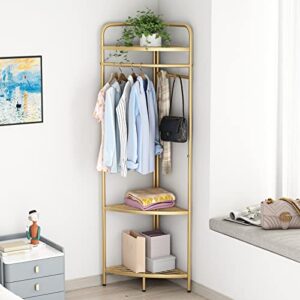 doorxifo corner gold clothing racks freestanding, gold metal coat racks with hooks, heavy duty modern clothes rack with 3 tier storage shelves for home,bedroom,living room