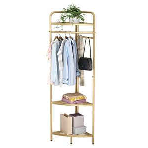 DOORXIFO Corner Gold Clothing Racks Freestanding, Gold Metal Coat Racks with Hooks, Heavy Duty Modern Clothes Rack with 3 Tier Storage Shelves for Home,Bedroom,Living Room