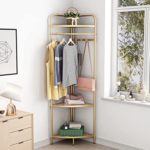 DOORXIFO Corner Gold Clothing Racks Freestanding, Gold Metal Coat Racks with Hooks, Heavy Duty Modern Clothes Rack with 3 Tier Storage Shelves for Home,Bedroom,Living Room