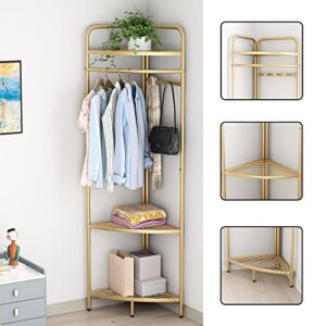 DOORXIFO Corner Gold Clothing Racks Freestanding, Gold Metal Coat Racks with Hooks, Heavy Duty Modern Clothes Rack with 3 Tier Storage Shelves for Home,Bedroom,Living Room